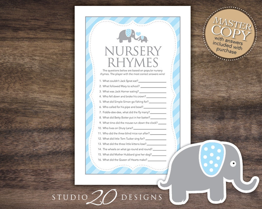 Instant Download Blue Elephant Nursery Rhyme Quiz, Blue Grey Nursery ...