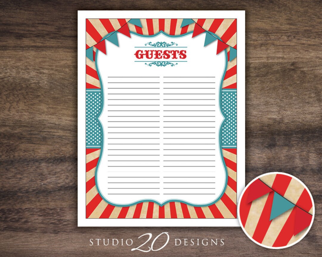 Instant Download Vintage Big Top Circus Guest List, Printable Retro Red ...