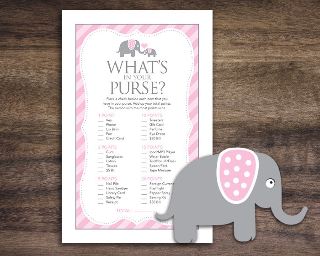 Instant Download Pink Elephant Baby Shower Games, What's in Your Purse ...