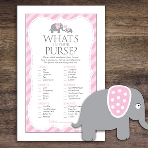 Instant Download Pink Elephant Baby Shower Games, What's in Your Purse ...