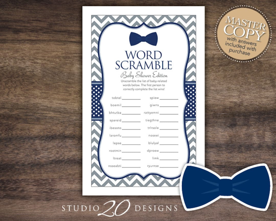 Instant Download Bow Tie Word Scramble Baby Shower Game, Printable Navy ...