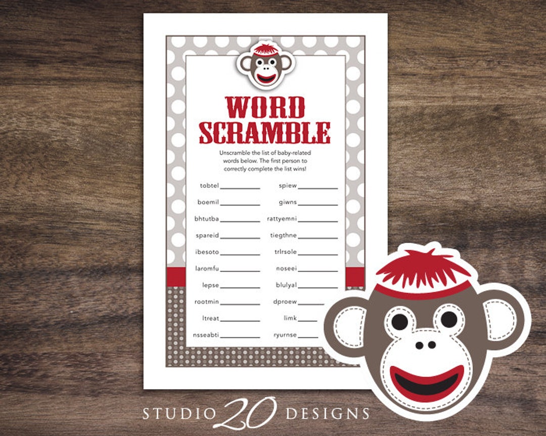 Instant Download Sock Monkey Baby Shower Word Scramble, Sock Monkey ...