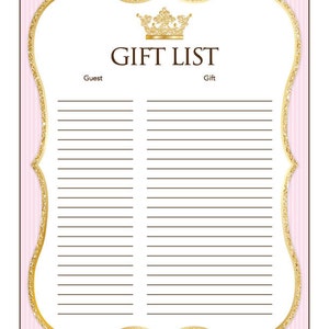 Instant Download Pink Princess Baby Shower Gift List, Gold Glitter Gift ...