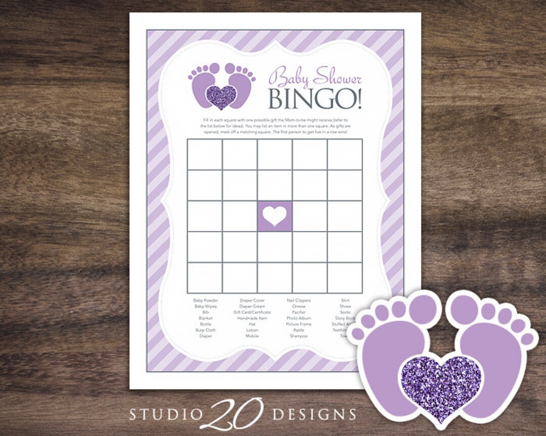 Instant Download Footprint Baby Shower Bingo Game, Grey Lilac Glitter ...