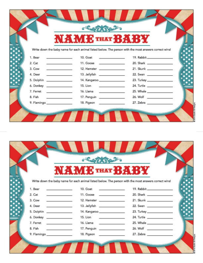 Instant Download Vintage Big Top Circus Name That Baby Game - Etsy