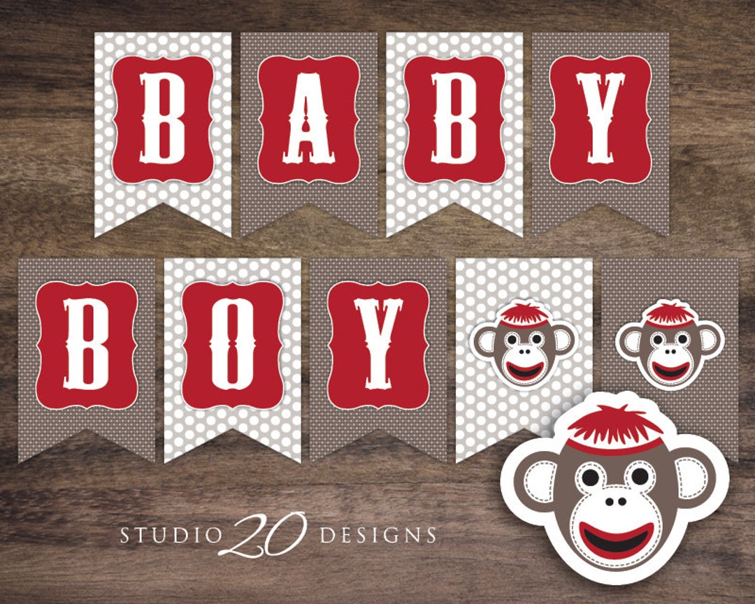 Instant Download Sock Monkey Baby Shower Banner, Printable Red Sock ...