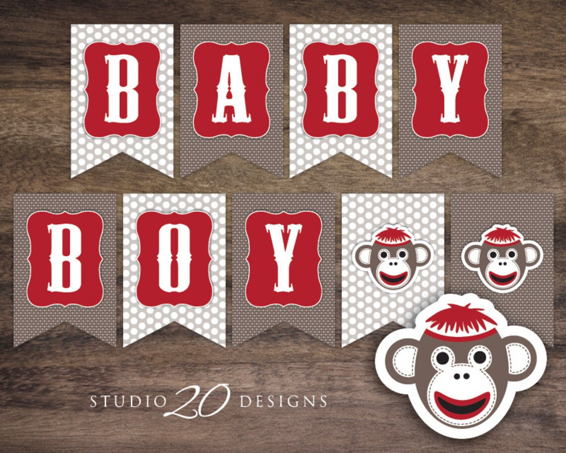 Instant Download Sock Monkey Baby Shower Banner Printable Red | Etsy