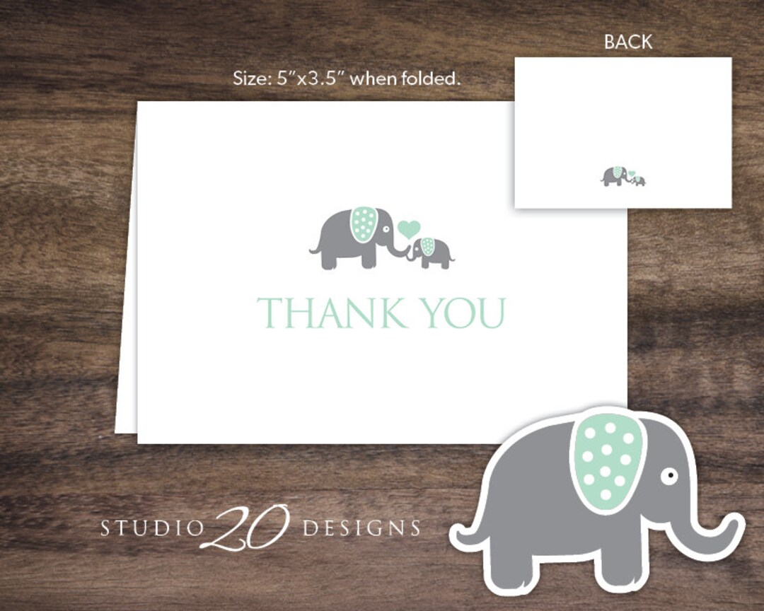 Instant Download Mint Elephant Thank You Card, Folded Elephant Baby ...