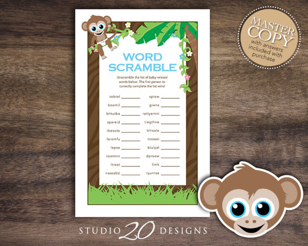Instant Download Monkey Word Scramble, Printable Monkey Baby Shower ...