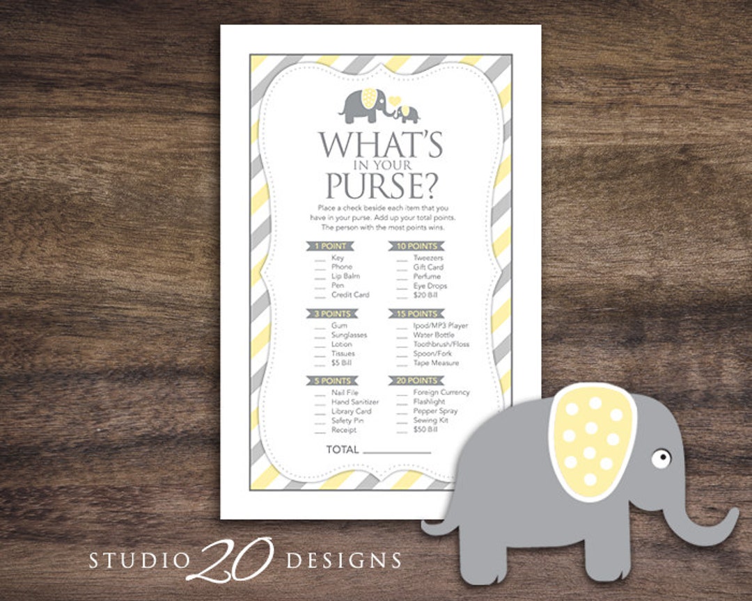 Instant Download Yellow Elephant Theme Baby Shower What's in Your Purse ...