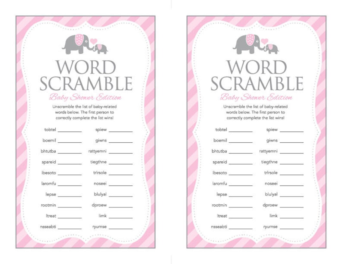 Instant Download Pink Elephant Word Scramble Baby Shower Game Cards ...