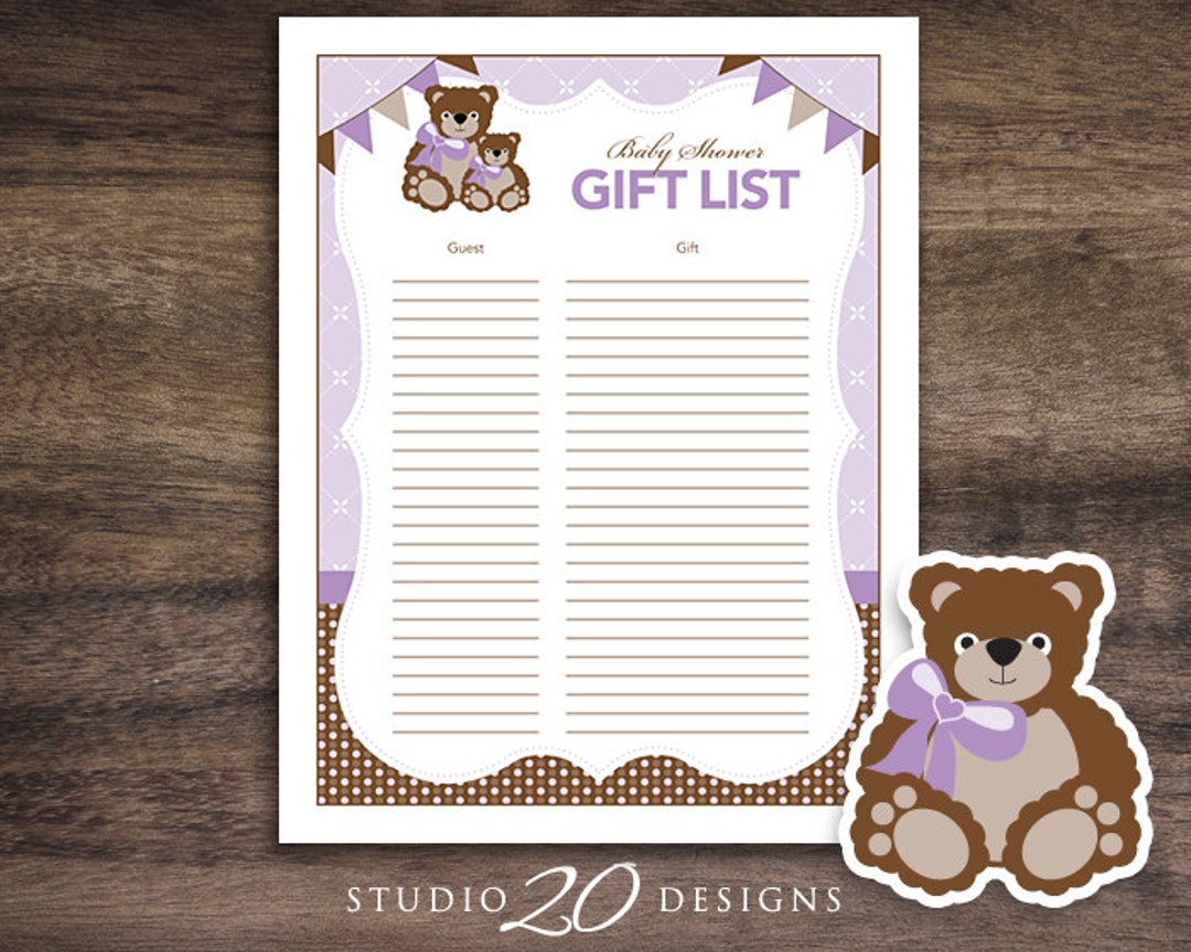 Instant Download Purple Teddy Bear Baby Shower Gift List, Bunting Flags ...