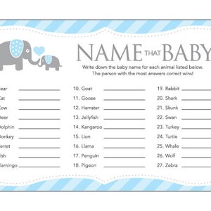Instant Download Blue Elephant Baby Shower Games for Boy, Name That ...