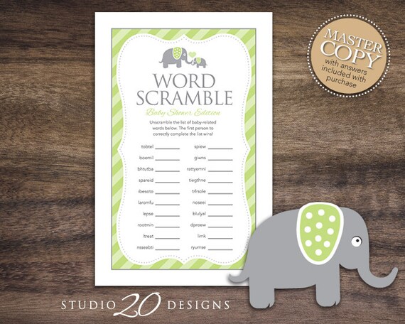 Elephant Baby Shower Word Scramble Printable Game