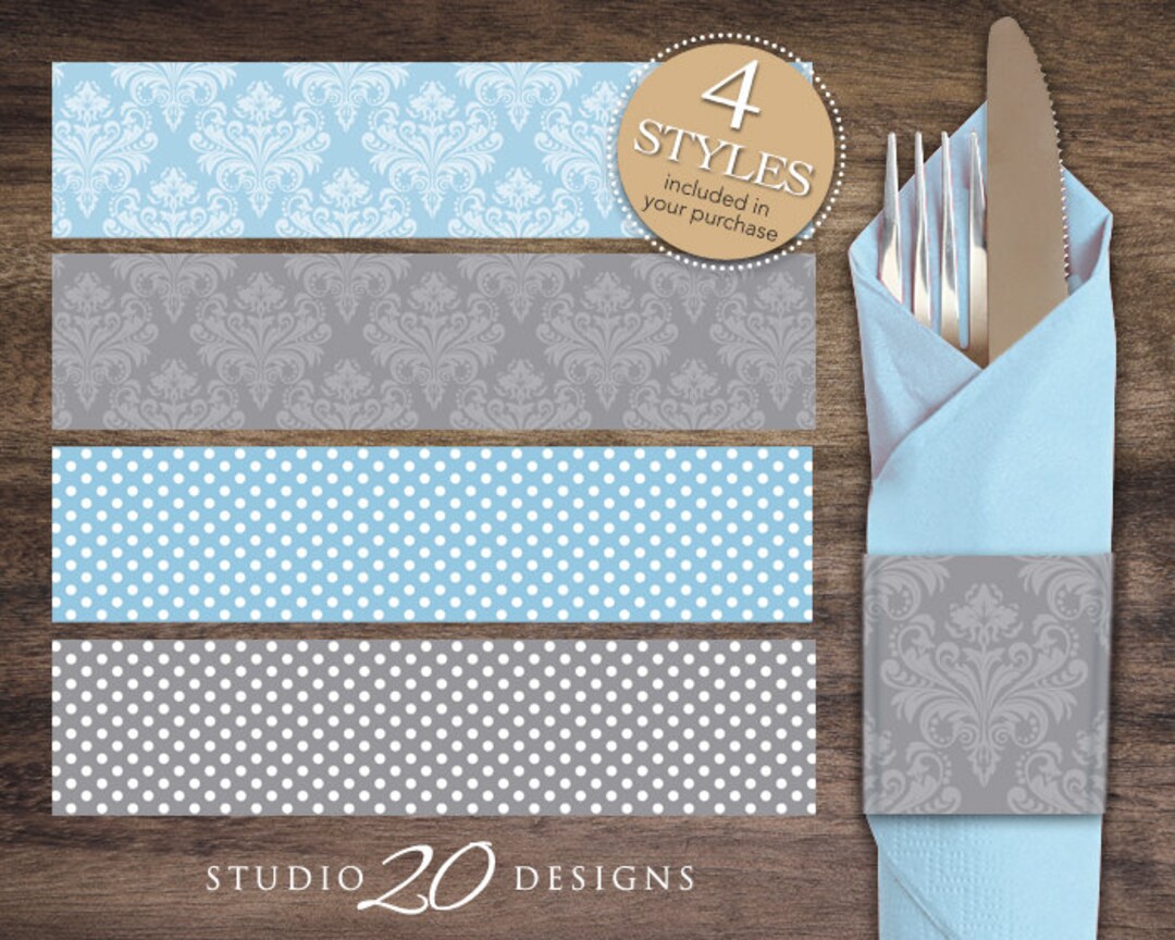 Instant Download Blue Damask Napkin Rings, Printable Grey Damask Baby ...