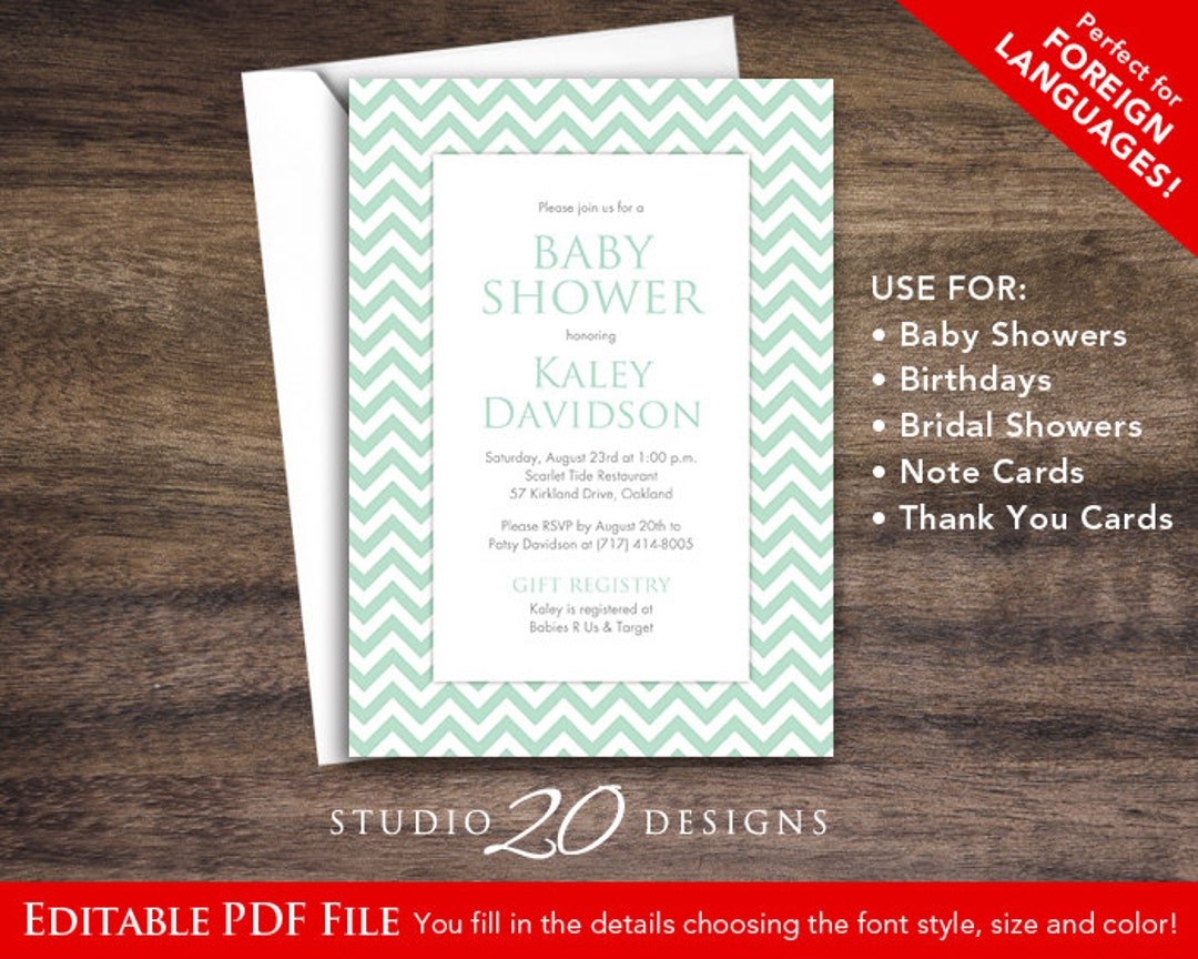 Instant Download Mint Chevron Baby Shower Invitations Editable Pdf, DIY ...
