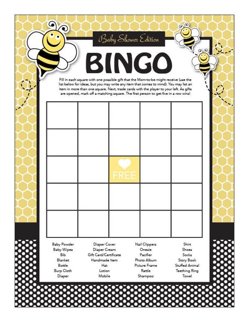 Instant Download Bee Baby Shower Bingo Cards, Bumblebee Printable Party ...
