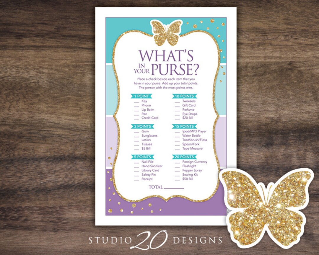 Instant Download Teal Purple Butterfly What's in Your Purse Game, Aqua ...