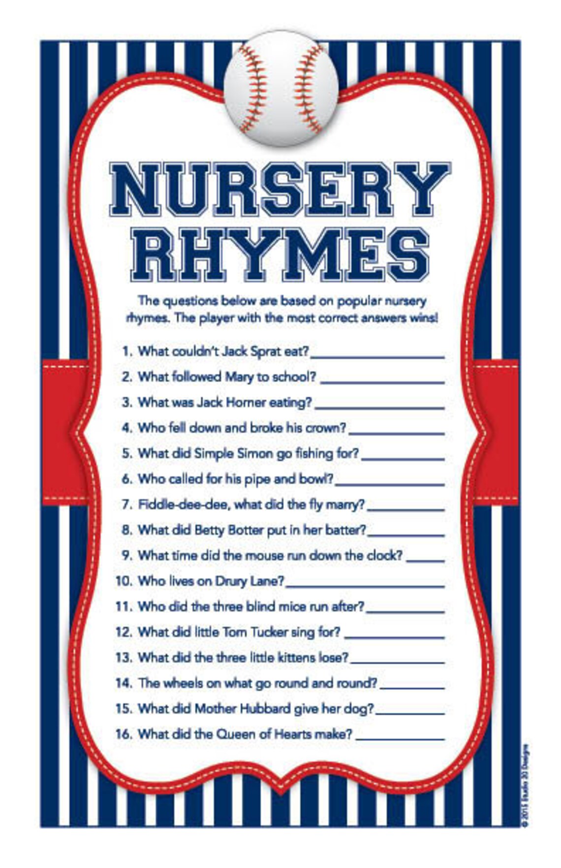 Instant Download Baseball Nursery Rhyme Quiz Printable Blue | Etsy