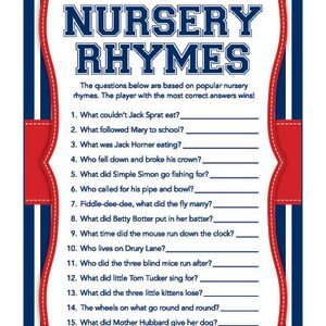 Instant Download Baseball Nursery Rhyme Quiz, Printable Blue Red ...