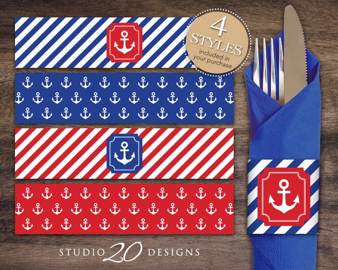 Instant Download Nautical Napkin Rings, Printable Blue Red Nautical ...