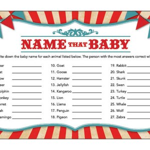 Instant Download Vintage Big Top Circus Name That Baby Game, Printable ...
