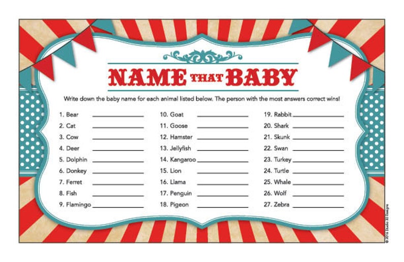 Instant Download Vintage Big Top Circus Name That Baby Game | Etsy