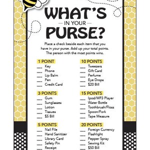Instant Download Bee Theme Baby Shower What's in Your Purse Game Cards ...