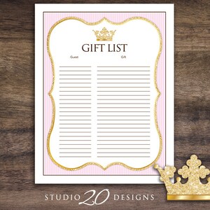 Instant Download Pink Princess Baby Shower Gift List, Gold Glitter Gift ...