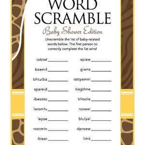 Instant Download Yellow Giraffe Baby Word Scramble, Brown Gold Gender ...