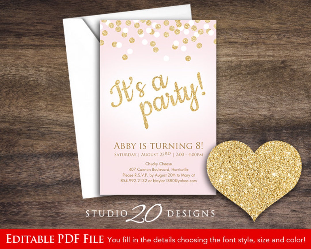 Instant Download Pink Gold Glitter Invitations Editable Pdf, 4x6 ...