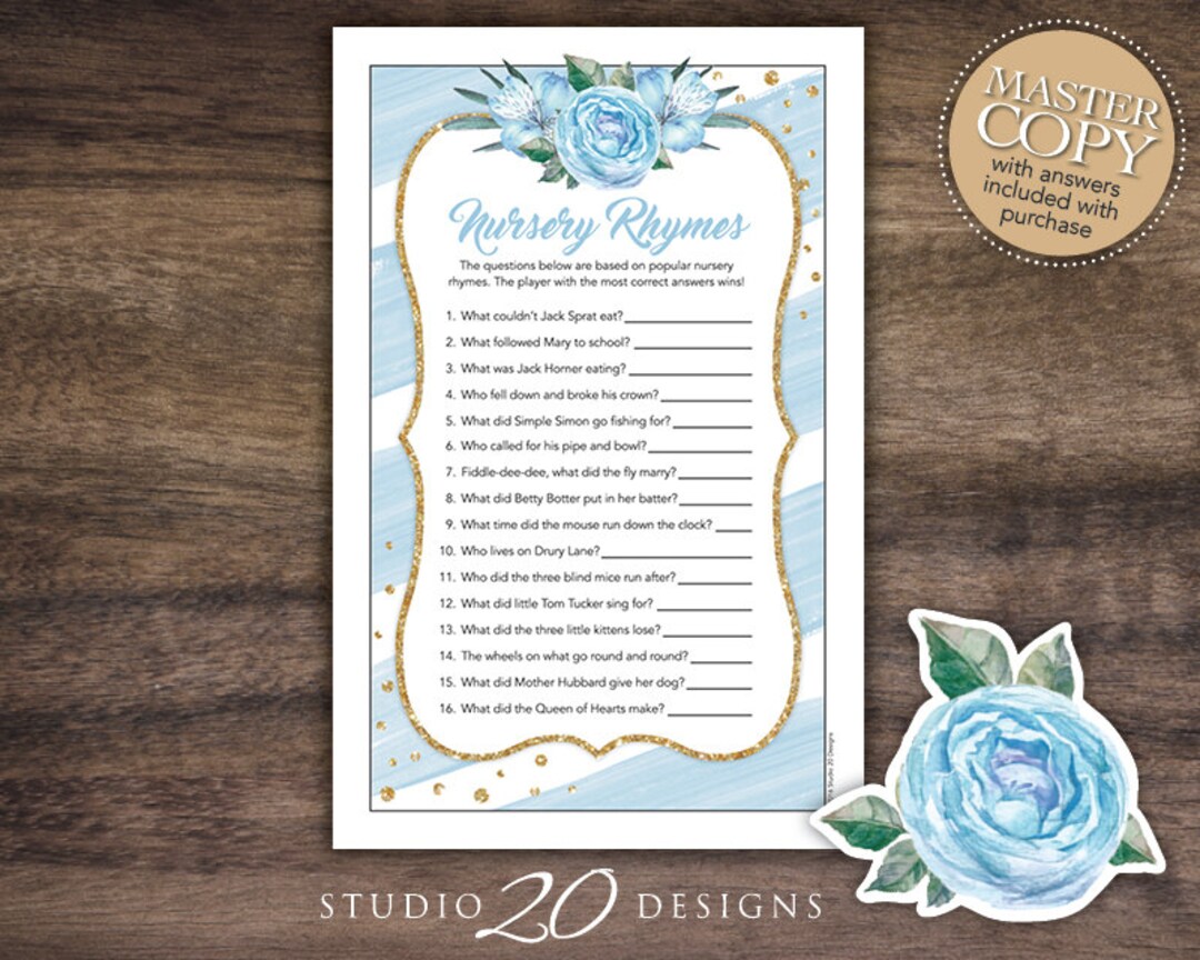 Instant Download Floral Watercolor Nursery Rhyme Quiz, Baby Blue Gold ...