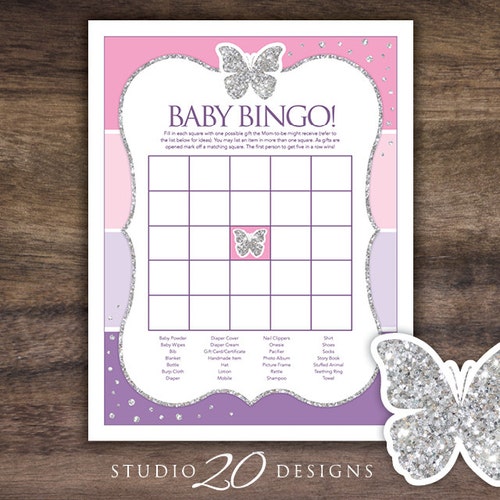 Butterfly Baby Shower Bingo Cards Printable Purple White Baby | Etsy