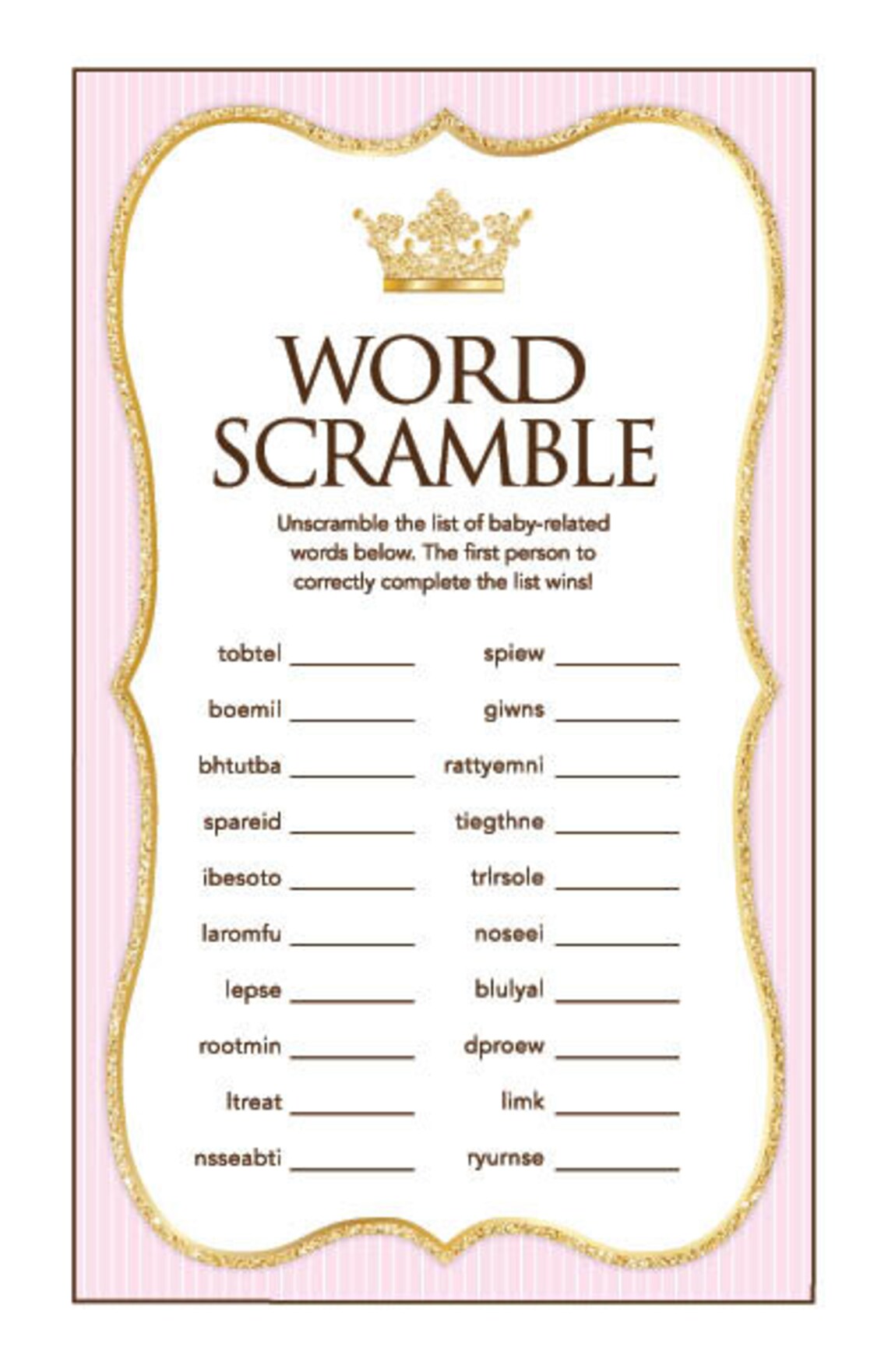 Instant Download Pink Princess Word Scramble Baby Game Gold - Etsy