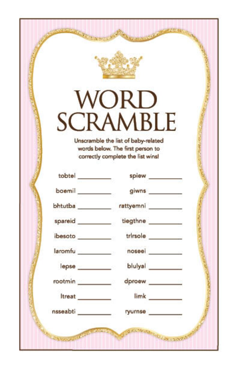 Instant Download Pink Princess Word Scramble Baby Game Gold - Etsy