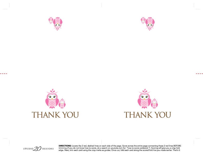 Instant Download Pink Owl Thank You Card Folded Pink Brown | Etsy