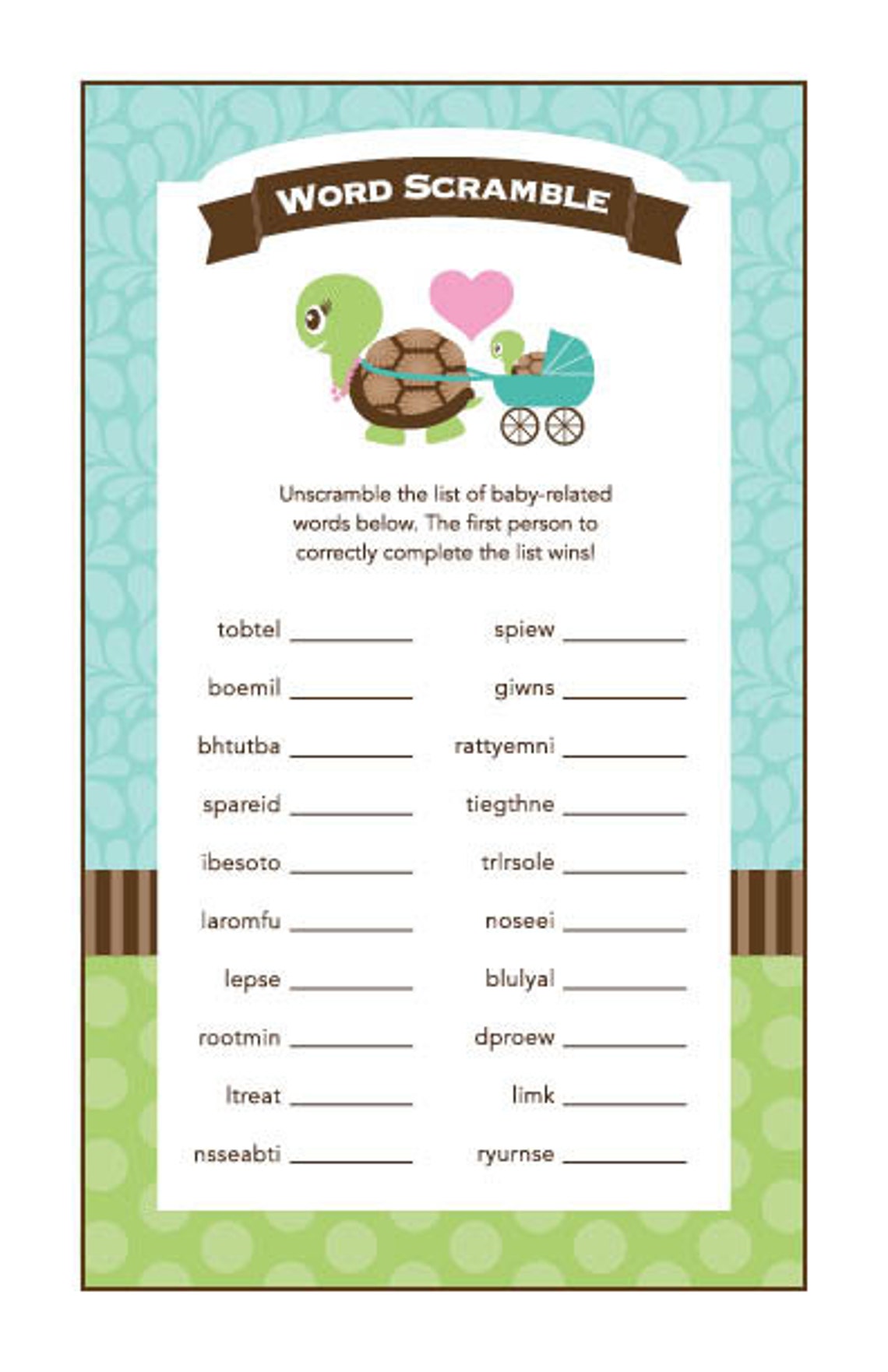 Instant Download Turtle Word Scramble Baby Shower Game Cards | Etsy