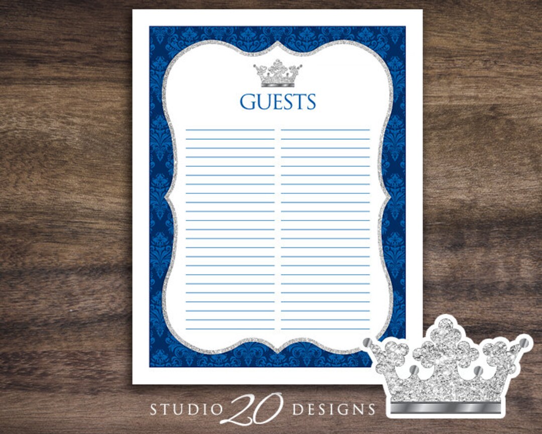 Instant Download Royal Blue Prince Guest List, Printable Blue Silver ...