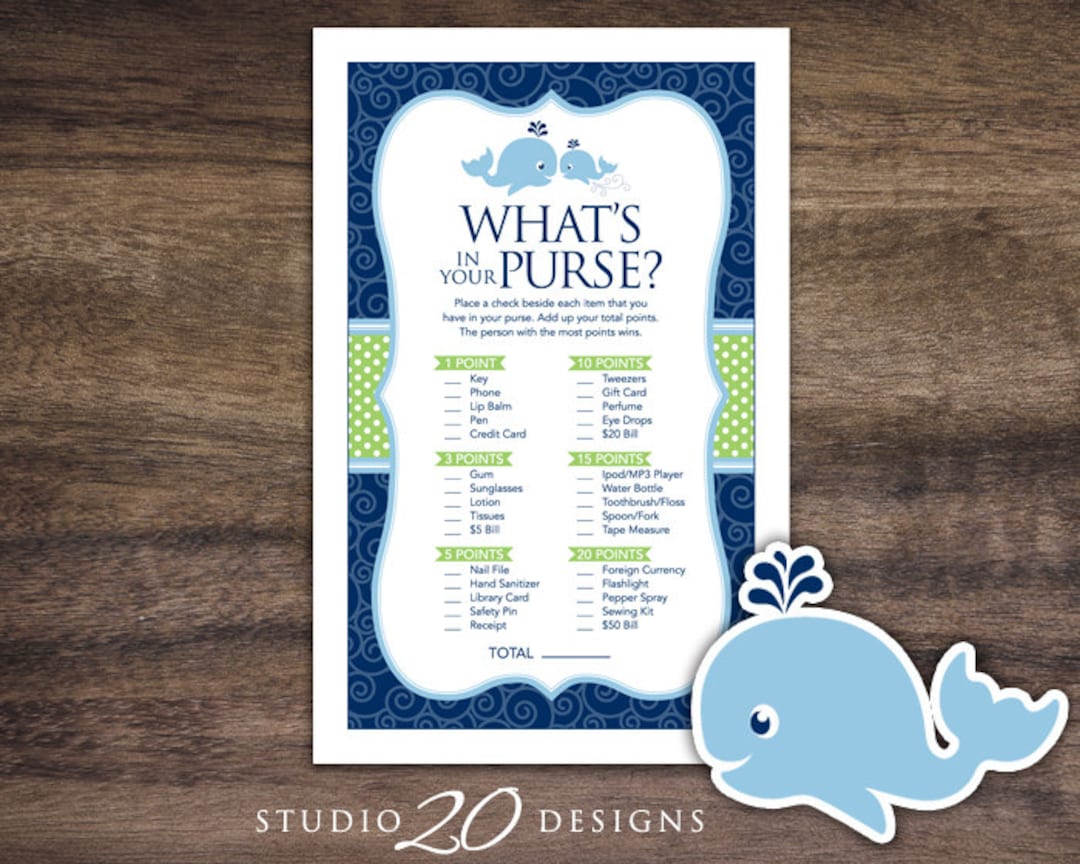 Instant Download Whale What's in Your Purse Game, Blue Green Whale Baby ...