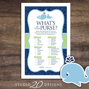 Instant Download Whale What's in Your Purse Game, Blue Green Whale Baby ...