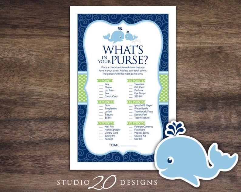 Instant Download Whale What's in Your Purse Game, Blue Green Whale Baby ...