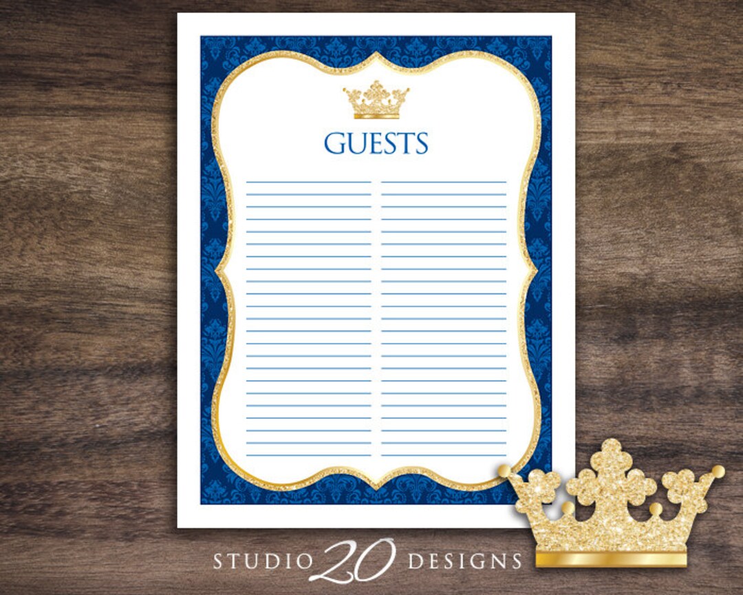Instant Download Royal Blue Prince Guest List, Printable Blue Gold ...