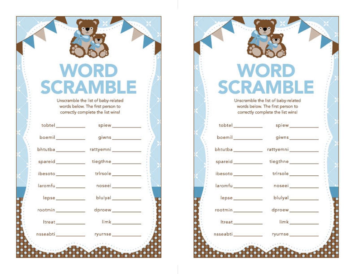 Instant Download Teddy Bear Baby Shower Word Scramble Game, Printable ...