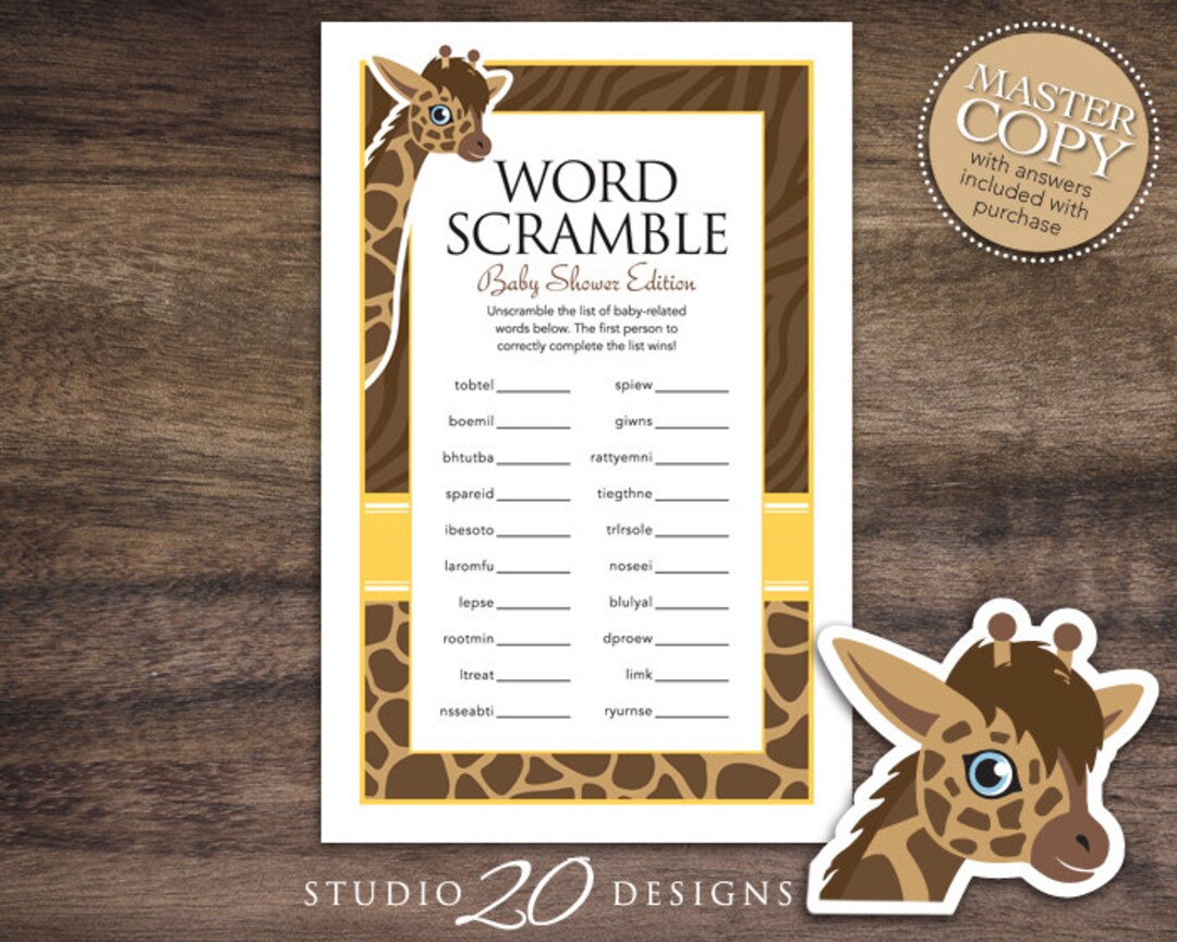 Instant Download Yellow Giraffe Baby Word Scramble, Brown Gold Gender ...