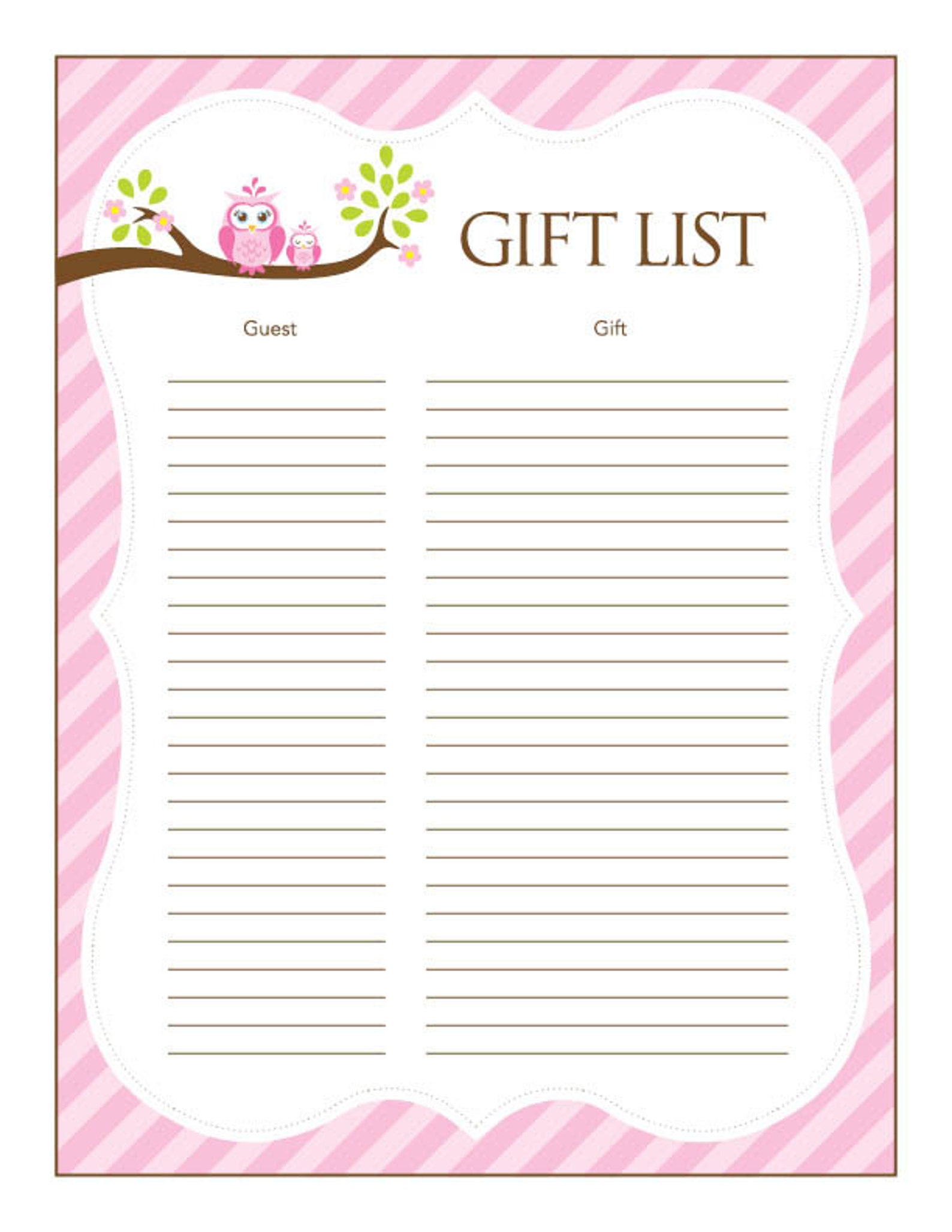 Instant Download Pink Owl Baby Shower Gift Registry, Lime Pink Brown ...