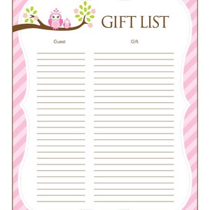 Instant Download Pink Owl Baby Shower Gift Registry, Lime Pink Brown ...