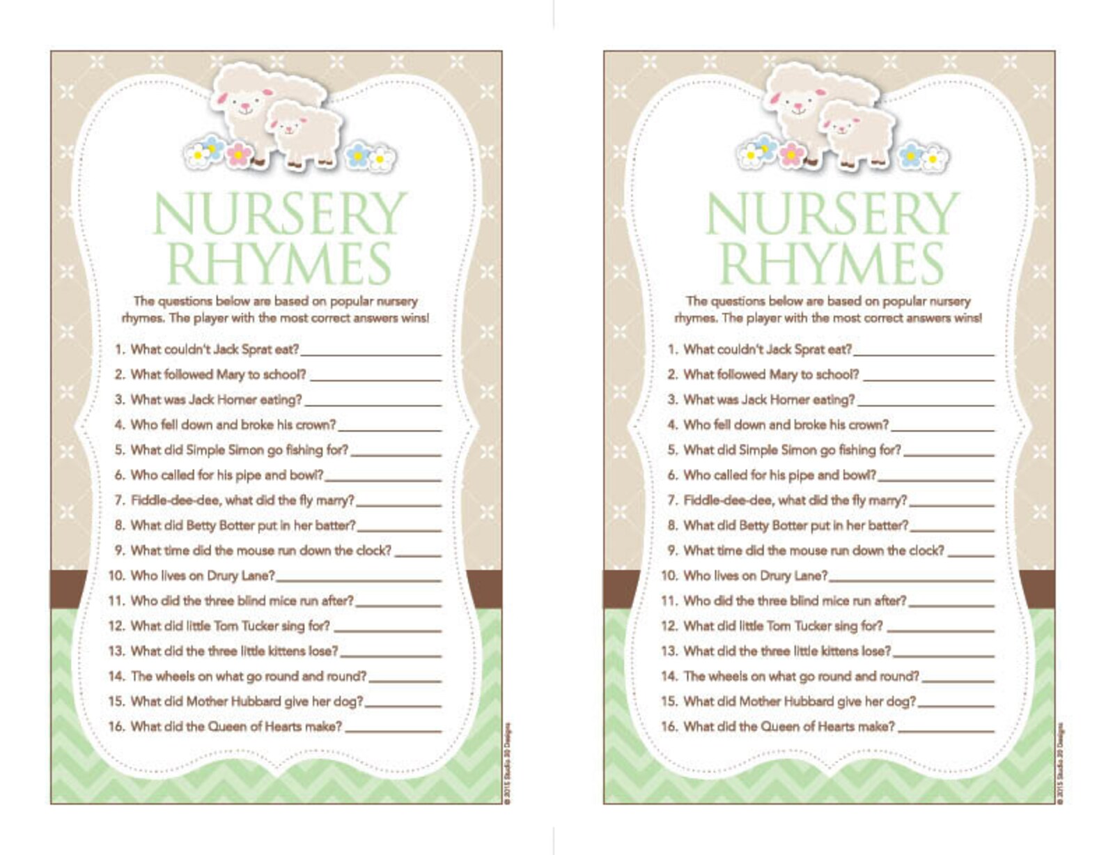 Instant Download Lamb Baby Shower Nursery Rhyme Quiz | Etsy