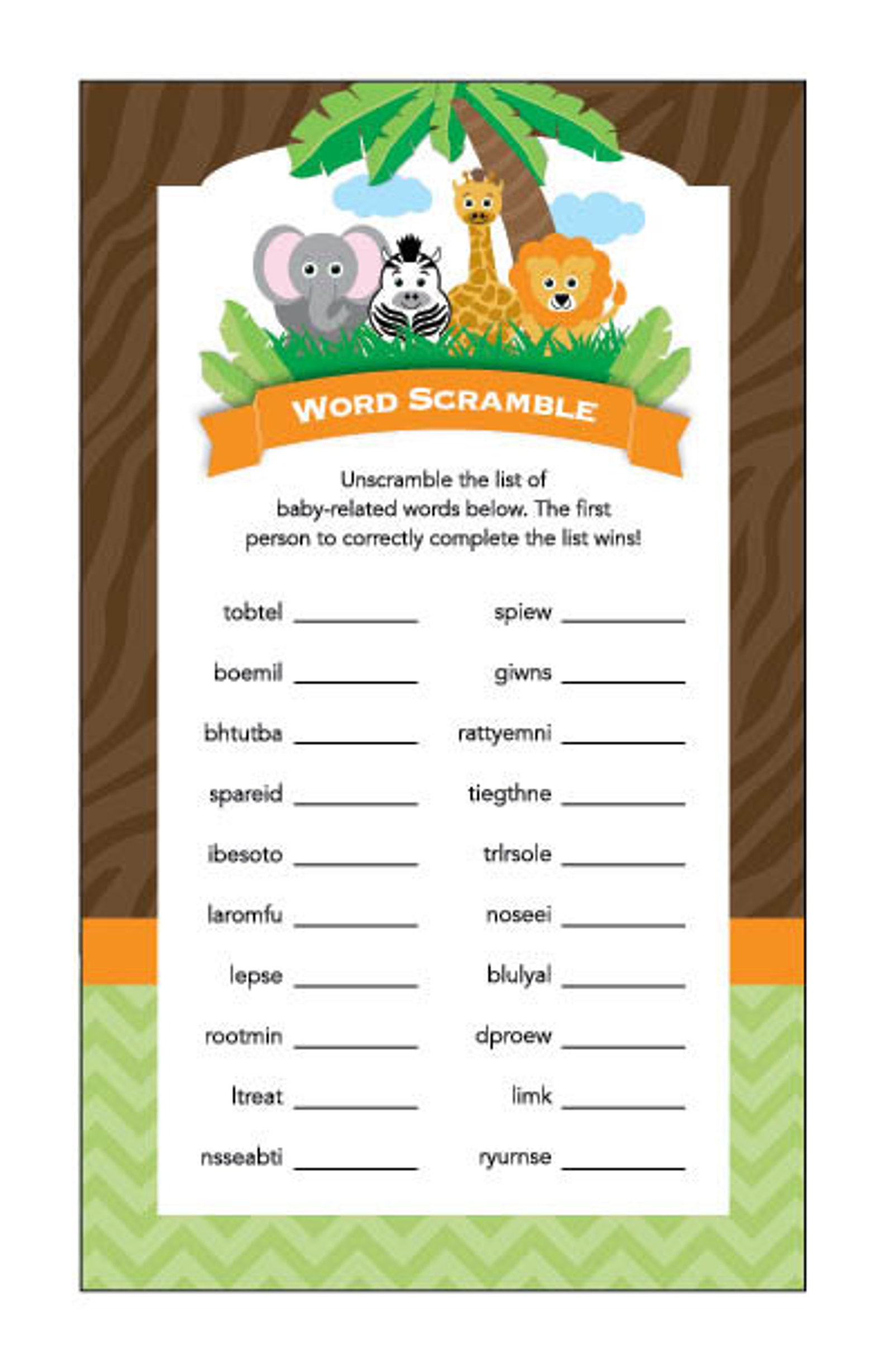 Instant Download Safari Word Scramble Baby Shower Game Cards - Etsy