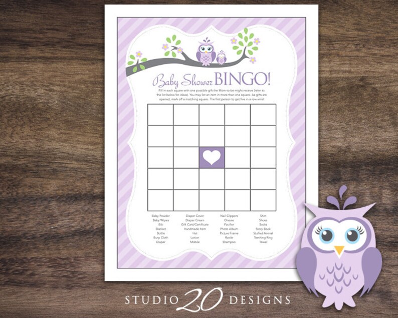 Instant Download Lilac Owl Baby Bingo Game Purple Grey Owl - Etsy