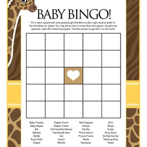 Instant Download Yellow Giraffe Baby Shower Bingo Game, Brown Gold ...